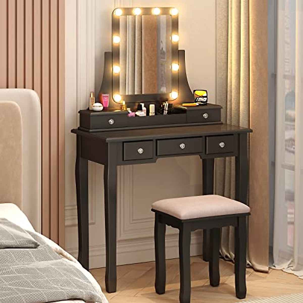 Vanity Desk with Mirror and Lights,Makeup Vanity with Lights Makeup Dressing Table Vanity Table with Lights 10 Bulbs and 5 Drawers,Detachable Top and 360 Rotation Mirror,Modern Dresser Desk (Black)