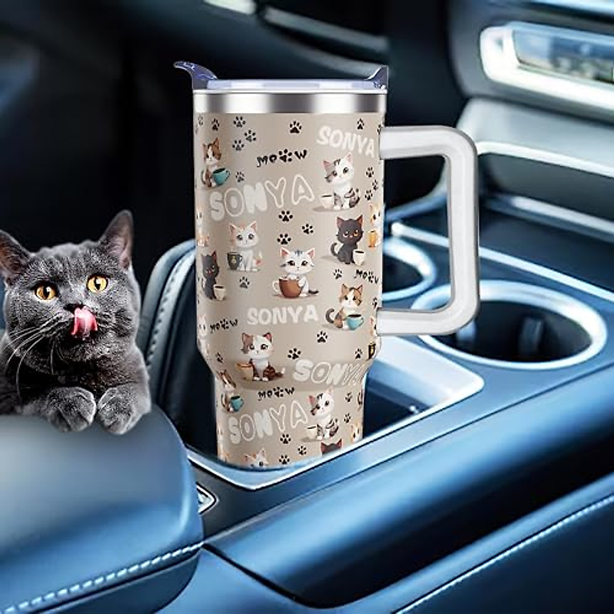 Mindunm 40 oz Cute Cat Tumbler with Handle and Straw Lid cat gifts for cat lovers for Women Double Insulated Cup Travel Coffee Mug