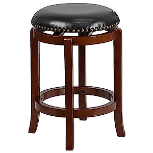 Flash Furniture Margaret 24'' High Backless Light Cherry Wood Counter Height Stool with Black LeatherSoft Swivel Seat