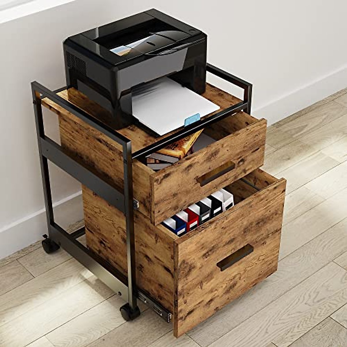 EUREKA ERGONOMIC File Cabinet 2 Drawers, Rolling File Cabinet with Bag for Home Office, Under Desk Rolling File Cabinet, Wood Filing Cabinet, Printer Stand with Storage, Rustic Brown