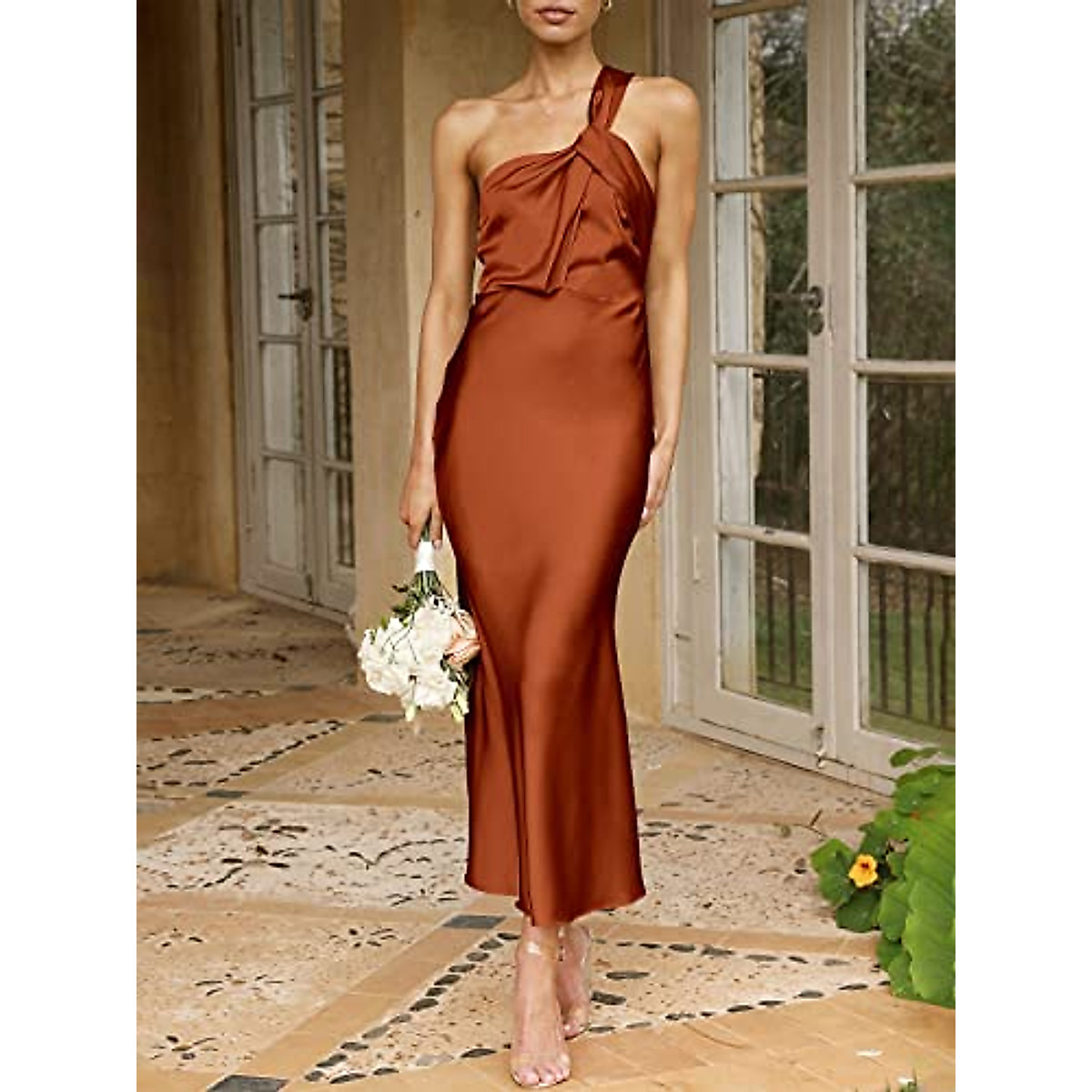 ANRABESS Women's Silk One Shoulder Wedding Guest Bodycon Dress Cocktail Evening Party Long Midi Dress A942-Xiuhong-M Rust