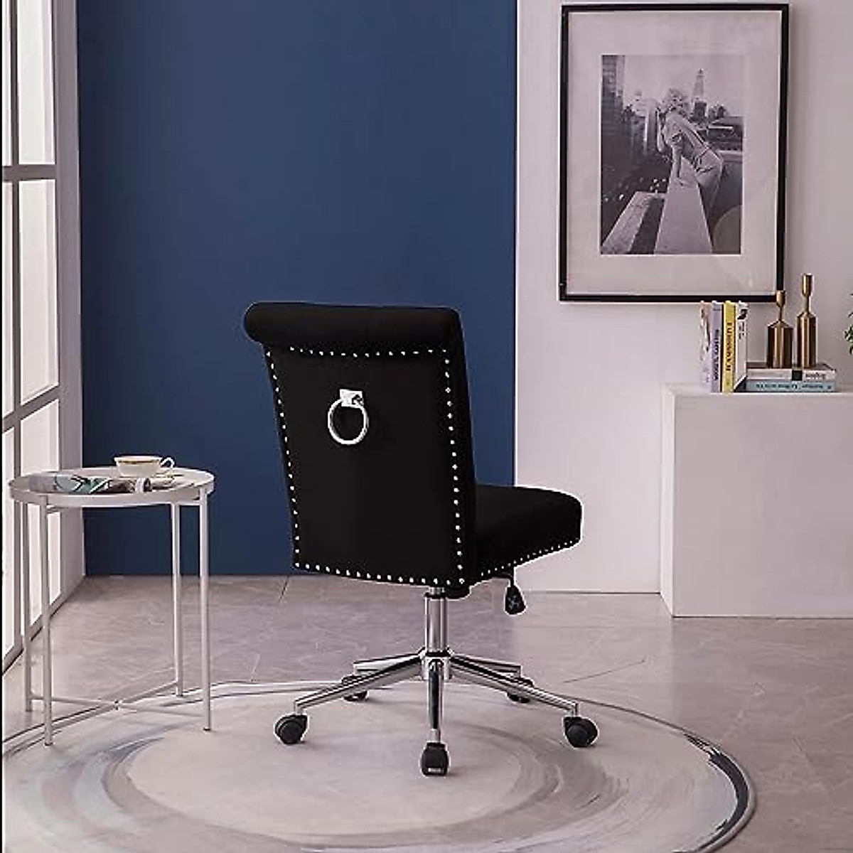 JOUUQZ Velvet Office Chair Button Tufted Swivel Adjustable Desk Chair with Nailheads Trim, Upholstered Armless Black Home Office Desk Chair with Wheels and Metal Base