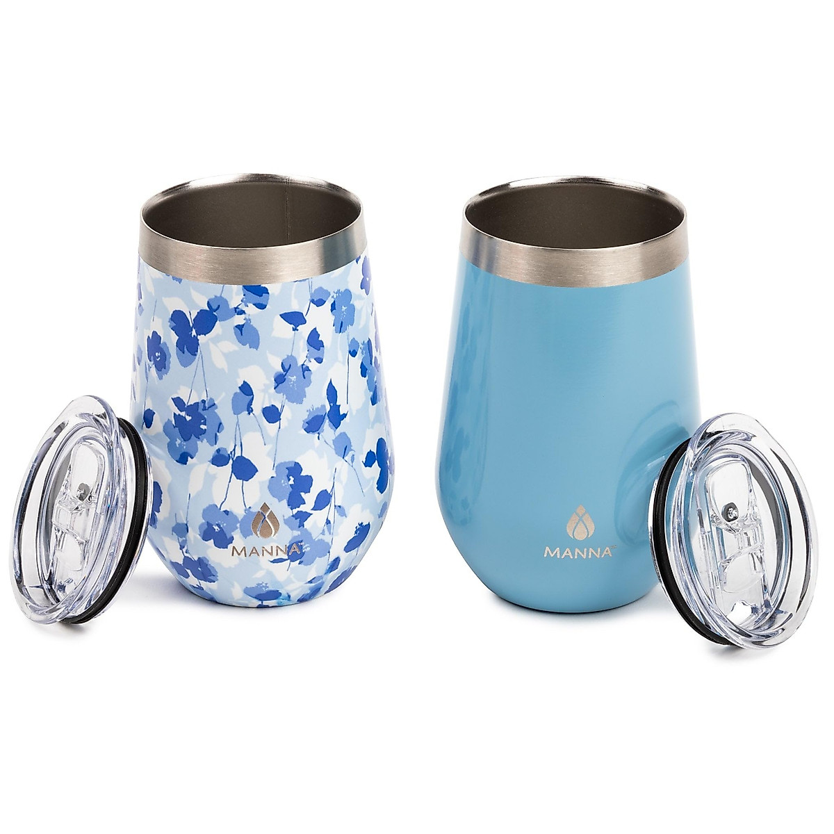 Manna Double Wall Insulated Stainless Steel Stemless Wine Cup Tumbler with Splash-Proof Sliding Lid - 12 Oz - Set of 2 - Blue Floral and Blue