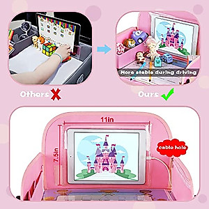 MENZOKE Kids Travel Tray for Toddler Car Seat, Lap Tray for Girl Activities with Dry Erase Board & Cooler Cup Holder, Road Trip Essentials Accessories with No-Drop Large Tablet iPad Holder Stand,Pink