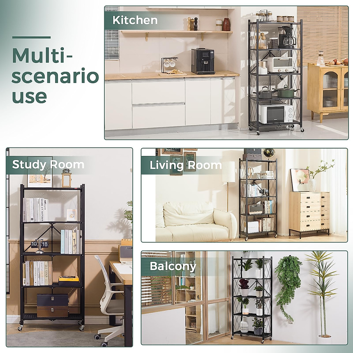 DEANIC 5-Shelf Folding Shelves Bookcase with Wheels, Heavy Duty Storage Shelves, Freestanding Metal Wire Shelving Unit for Living Room, Office, Kitchen, Basement, Pantry (Black)