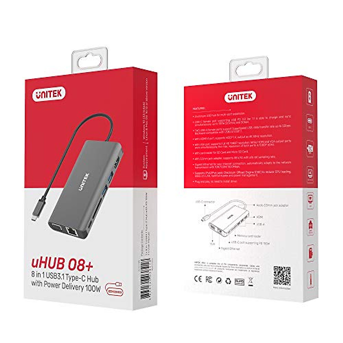UNITEK Hub USB-C with Power Delivery, HDMI v.1.4 4K@30Hz, Ethernet/Internet Connection, 2 x USB 3.0, USB C with PD 100 W, 20 V/5 A, SD Card Reader, 3.5 mm Audio Connection, Aluminium, Grey