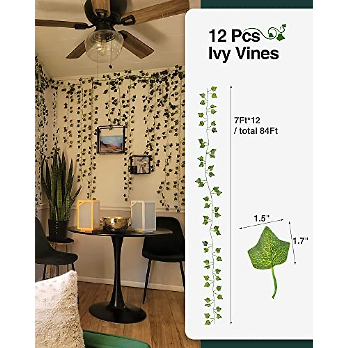 JACKYLED 84Ft 12 Pack Artificial Ivy Garland Fake Plants, Ivy Leaves with CE Certified 80 LED String Lights, Hanging Ivy Lights for Aesthetic Bedroom Garden Party Wall Room Decor