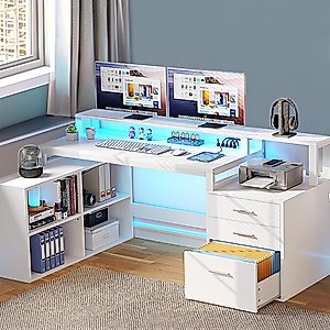 YITAHOME L Shaped Desk with 3 Drawers, 65" Corner Computer Desk with Power Outlets & LED Lights, L-Shaped Desk with File Cabinet & Printer Stand for Home Office, White