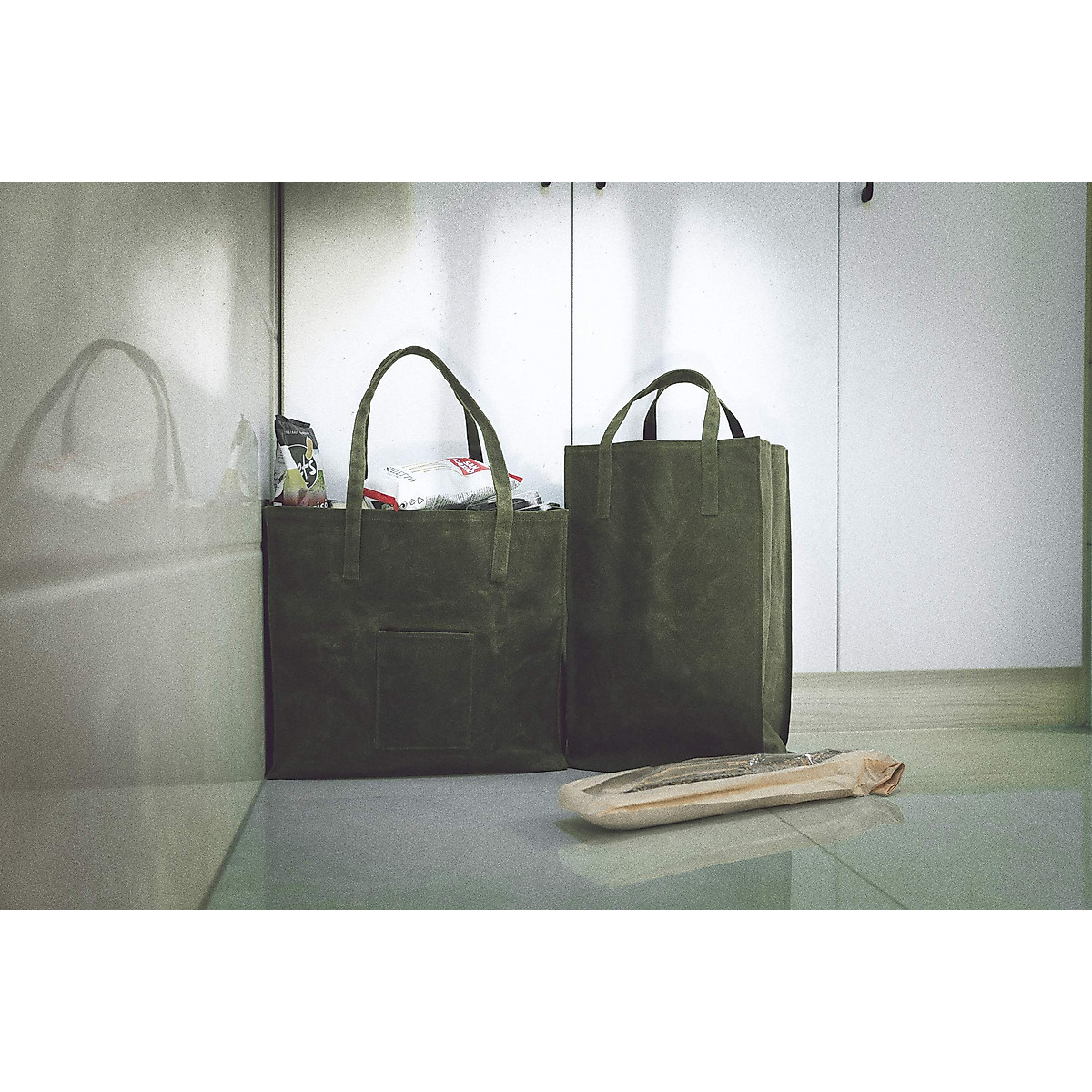 Kaaltisy Waxed Canvas Grocery Bag Eco-friendly Reusable Shopping Bag with Pocket Stylish Market Tote Bag Waterproof Waxed Canvas Beach Bag, Wide, Soft Handfeel