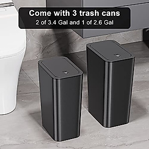 NetDot Bathroom Trash Can with Lid 3 Pack Set, 2 Packs 3.4 Gal 13L Slim Kitchen Trash Can and 1 Pack 2.6Gal 10L Garbage Can, Small Trash Can/Trash Bin/Waste Basket for Bedroom (Black, Pack of 3)