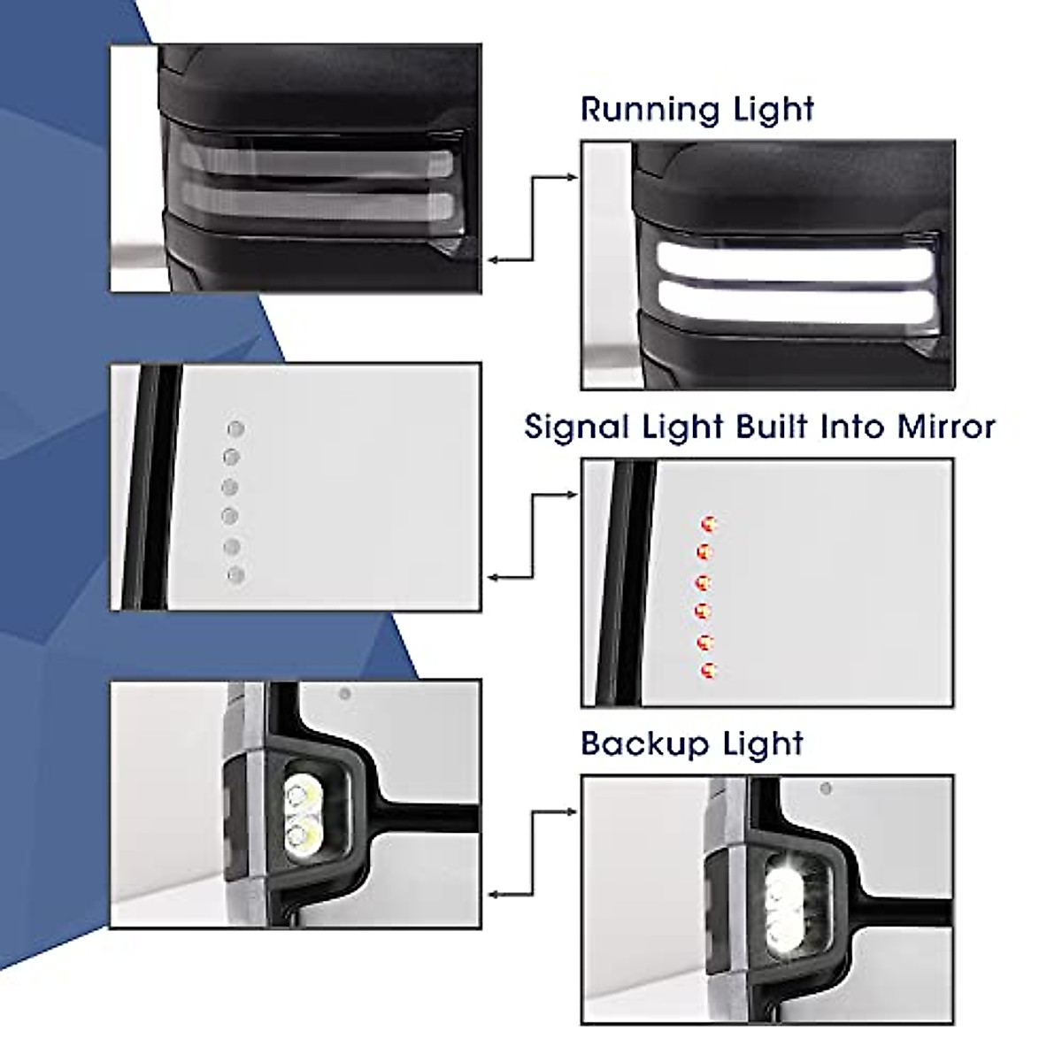 Switchback Towing Mirror for Silverado Sierra - Compatible with 2014-2018 Chevy GMC 1500; 2015-2019 Silverado Sierra 2500 HD 3500 HD with Power Adjusted Glass Heated Running & Turn Signal Lights Black
