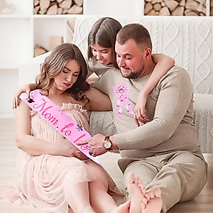 JOYMEMO Pink Halloween Baby Shower Decorations, Mom to Be & Dad to Be Badge, Mom to Be Sash for Daddy and Mommy Halloween Baby Shower Party Favors, Gender Reveal Party Supplies