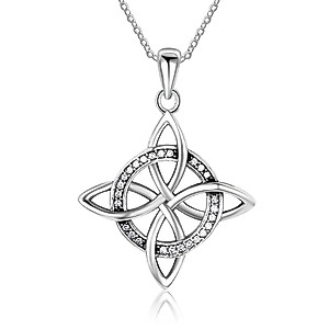 SQKXKLCZ 925 Sterling Silver Celtic Four Corner Knot Good Luck Pendant Necklace, Rolo Chain 18"