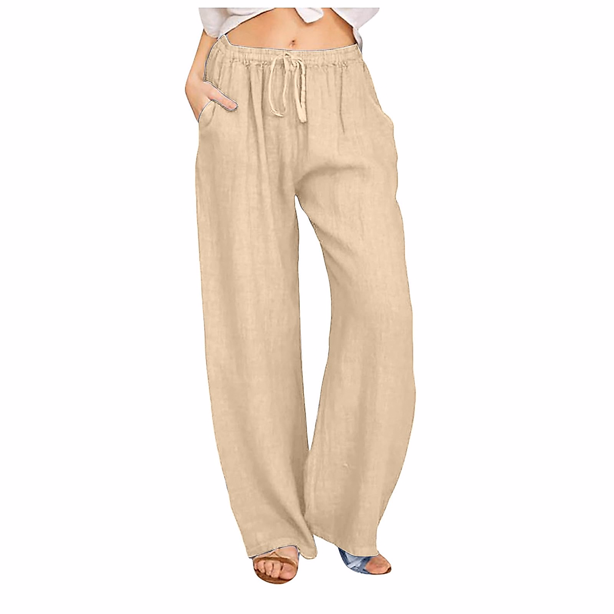 Capri Pants for Women Casual 2023 Summer Drawstring Elastic High Waist Linen Pant Straight Wide Leg Cropped Trouser Women Casual Pants Khaki 2X