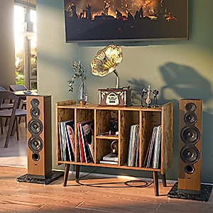 Unikito Large Record Player Stand, Vinyl Record Storage Table with Power Outlet Holds Up to 200 Albums, Turntable Stand with Wood Legs, Vinyl Holder Display Shelf for Bedroom Living Room, Rustic Brown