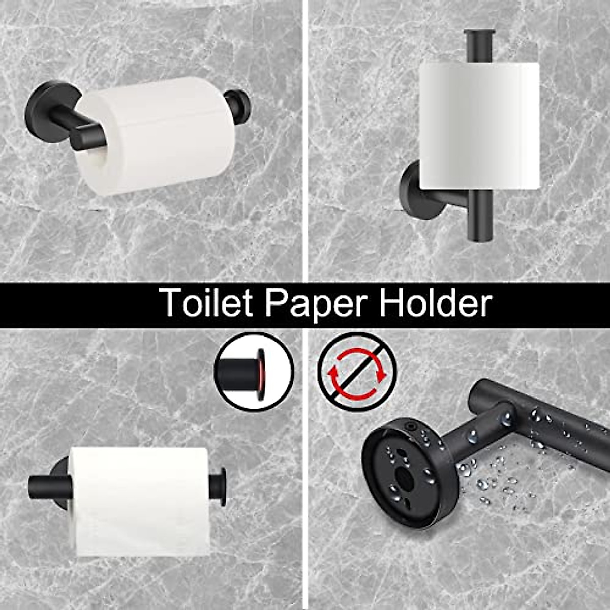 8-Piece Bathroom Hardware Accessories Set: Matte Black Stainless Steel Wall Mount Kit Include 16" Hand Towel Bar | Towel Ring | Toilet Paper Holder | Razor Holder | 4 Robe Towel Hooks