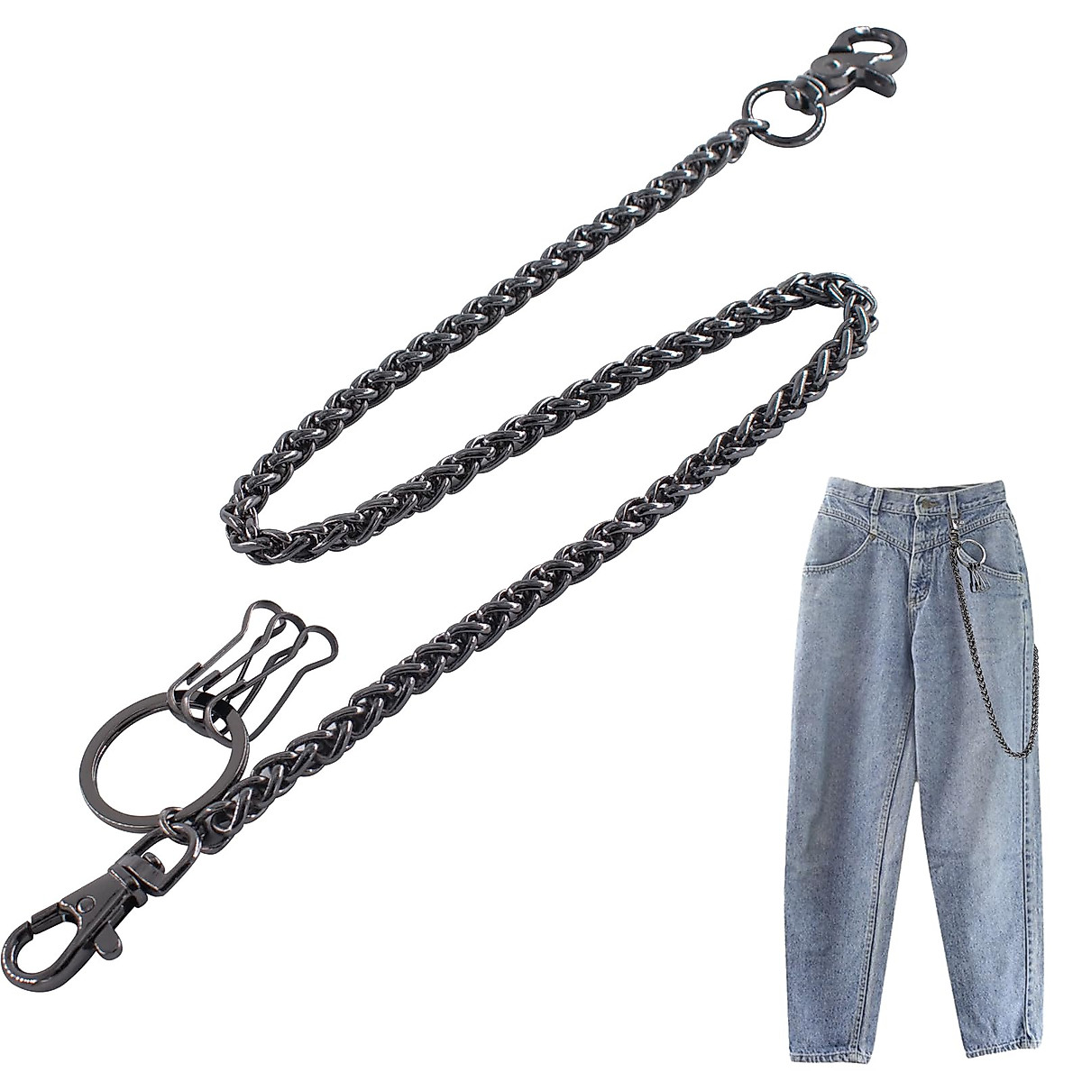 QzoneLife® 18.5inch Metal Wallet Chain Pocket Keychain with Lobster Clasps and 3 Keychain Rings Heavy Waist Jeans Chain for Keys, Men Wallet, Pants, Belt Loop, Handbag Black