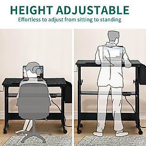 YITAHOME Height Adjustable Table with Charging Station, Portable Desk with Wheels, Small Standing Rolling Computer Desk with Tiltable Tabletop and Storage Bag, Black