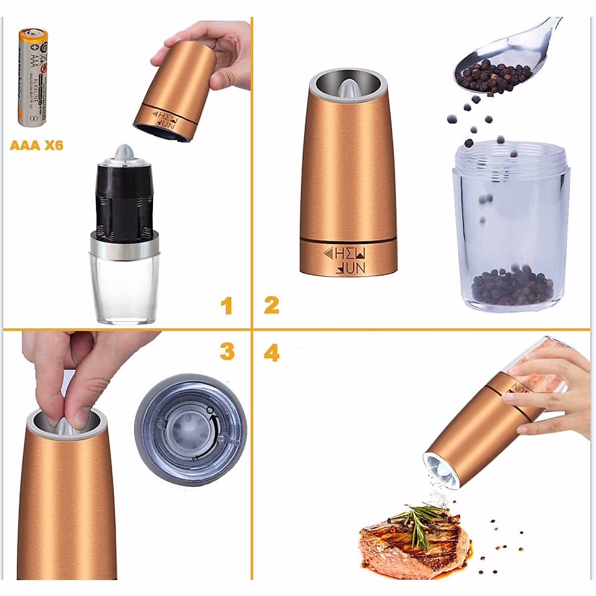 Gravity Salt and Pepper Grinder Set with Adjustable Coarseness Automatic Pepper and Salt Mill Set Battery Powered with White LED Light,One Hand Operated,Brushed Stainless Steel by CHEW FUN