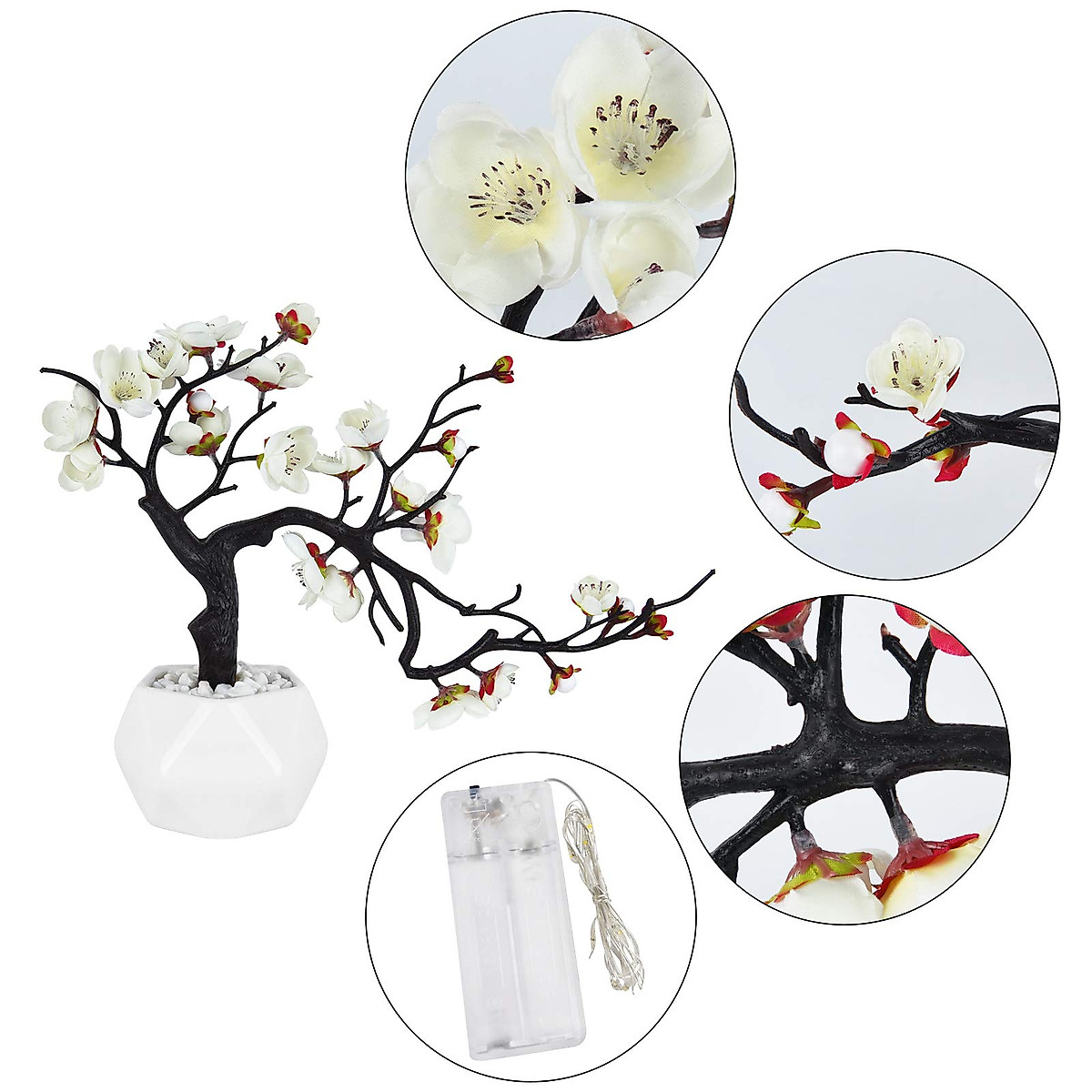 Artflower Plum Blossom Artificial Silk Flowers 2 Pack Simulation Flower with Ceramic Vase Fake Plant Potted Arrangement for Home Wedding Office DIY Living Room Party Garden Decoration (White)