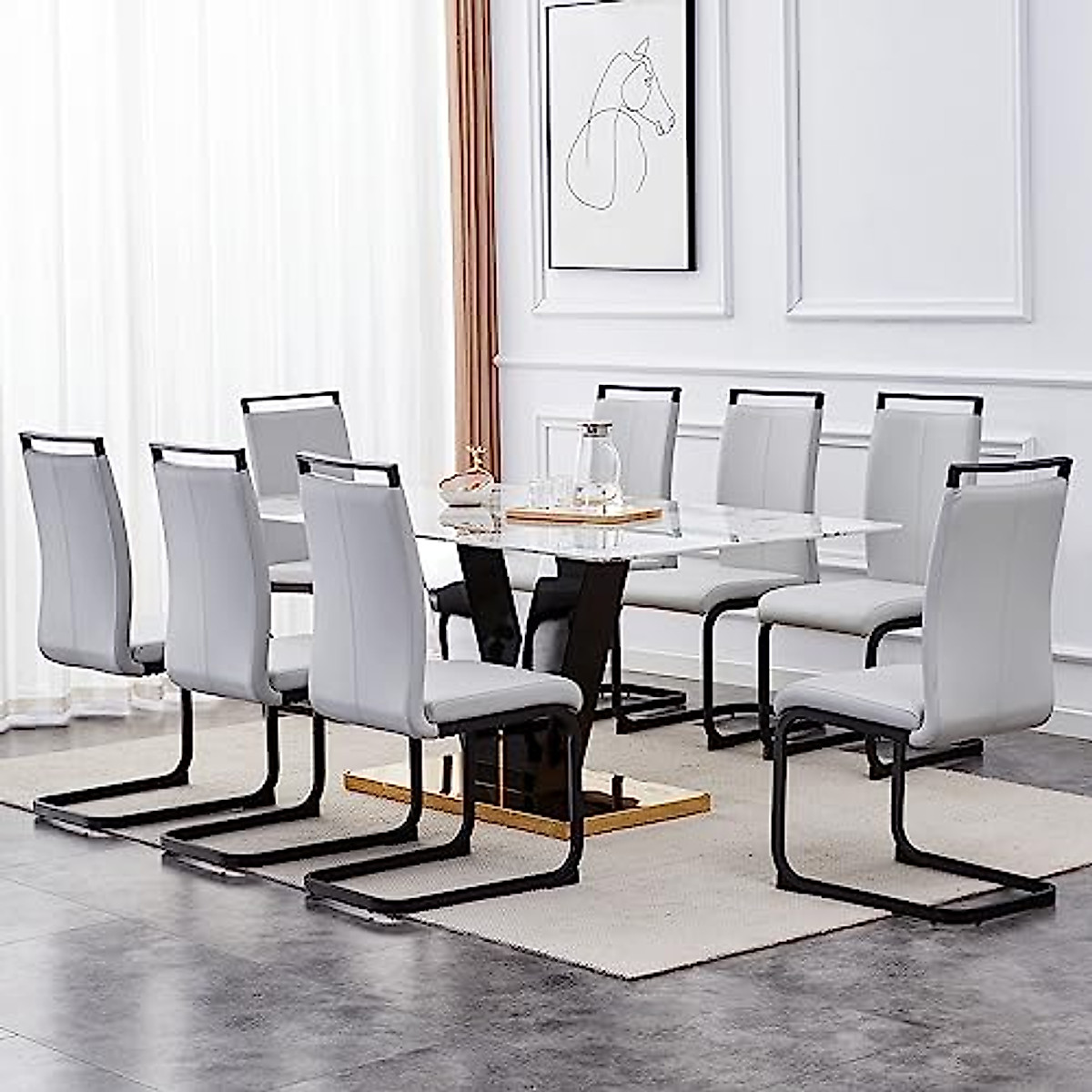 gopop Dining Table Set for 8,Modern Marble Dining Table Set,71'' Rectangular Glass Dinner Table and 8 Light Grey PU Chairs, Marble Texture Kitchen & Dining Room Sets,Ideal for Living Room