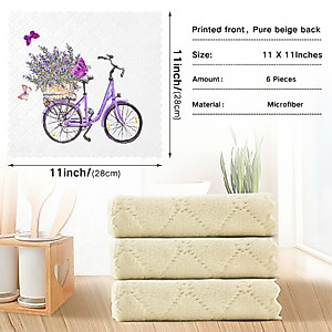 ALAZA Dish Towels Kitchen Cleaning Cloths Violet Bicycle Lavender Flower Butterflies Dish Cloths Super Absorbent Kitchen Towels Lint Free Bar Tea Soft Towel Kitchen Accessories Set of 6,11"x11"