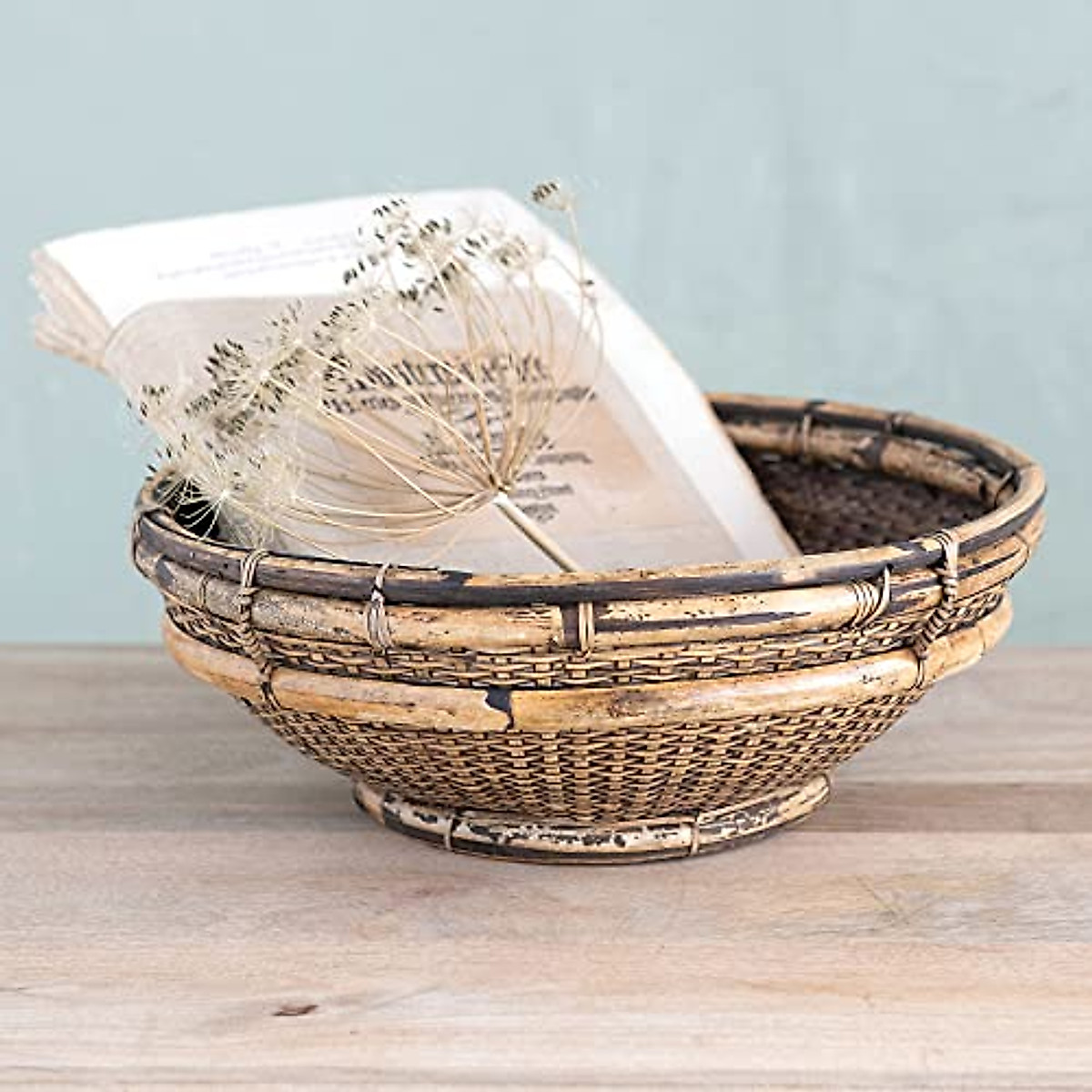 Creative Co-Op Handwoven Bamboo and Rattan Bowl, Distressed Finish Decorative Storage, 14" L x 14" W x 5" H, Natural