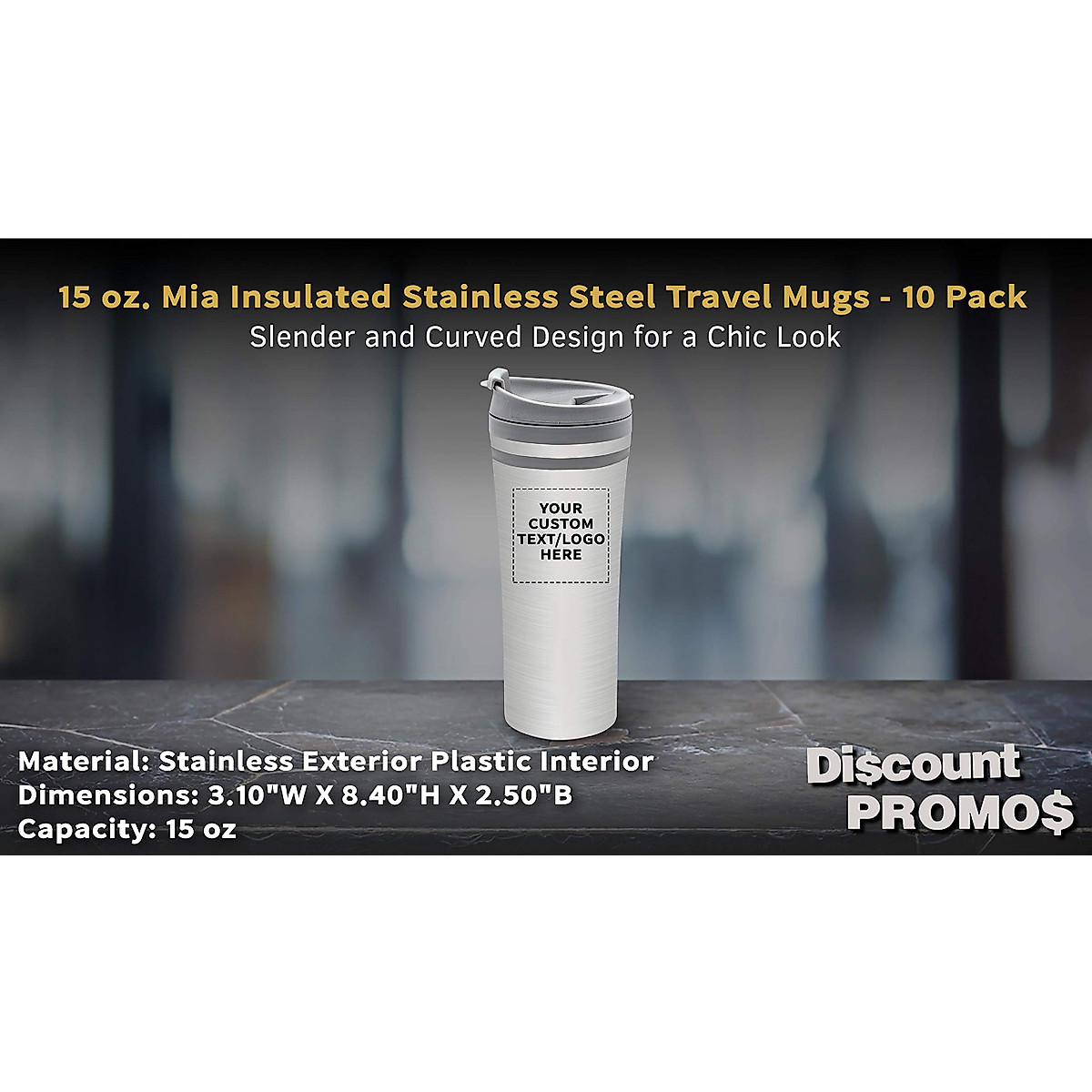 Personalized 15 oz. Mia Insulated Stainless Steel Travel Mugs - 10 pack Custom Text, Logo - Grey