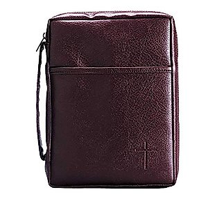 Burgundy Embossed Cross with Front Pocket Leather Look Bible Cover with Handle, Small