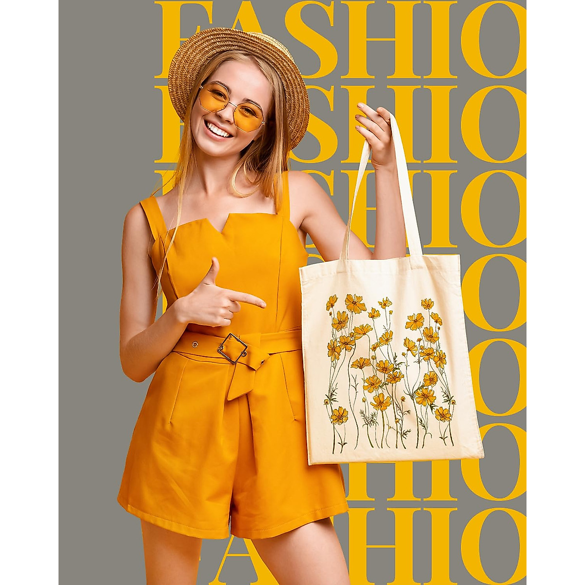AUSVKAI Canvas Tote Bag Aesthetic for Women, Cute Yellow Flower Reusable Cloth Cotton Bags for Shopping School Beach Trendy Gifts