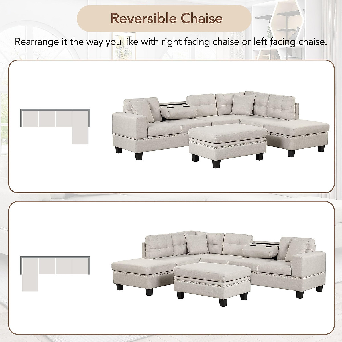 P PURLOVE Sectional Sofa with Reversible Chaise and 2 Pillows, Linen L-Shaped Sofa with Storage Ottoman and Cup Holders, Sectional Couche Living Room Furniture Sets (Light Gray)