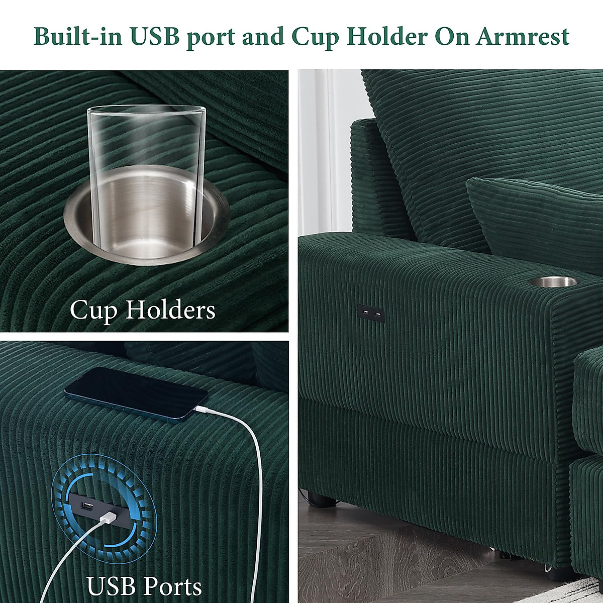 KIVENJAJA 82.7” Corduroy Sectional Couch, Double Chaise Lounge Sofa, Deep Seat Oversized Loveseat with Ottomans, Cup Holder & USB Port for Living Room Apartment Small Space, Green