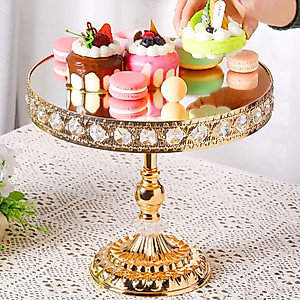 Nuanchu 6 Pcs Wedding Metal Cake Stand Set with Crystal Beaded Mirror Top Cake Display Stand Cupcake Display Plate Crystal Dessert Cheese Stand Cake Holder (Gold)