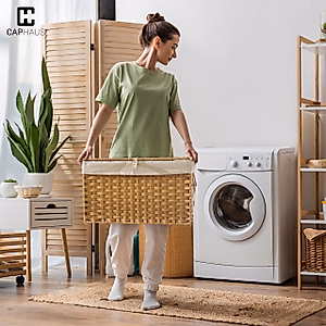 CAPHAUS Laundry Basket w/Lid, Synthetic Rattan Laundry Hamper w/Lid and Handles, 2 Removable Liner Bags, Foldable Clothes Hamper for Laundry, Large Storage Basket w/Lid, 65L, Grey