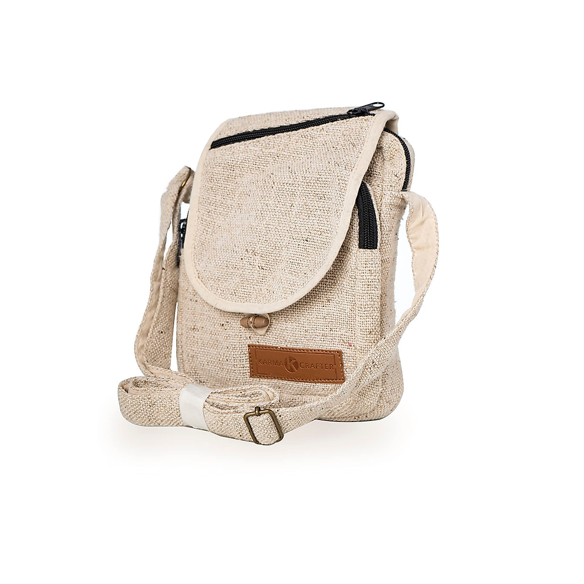 Crossbody Bag Purse Made From Hemp - Fold Unisex Hippie Tote Handmade shoulder bag for Travel, fits wallet, phone, passport (Natural Khaki)