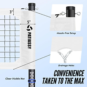 Patiassy Portable Professional Outdoor Volleyball Net Set with Adjustable Height Aluminum Poles, Winch System, Volleyball with Pump and Carrying Bag for Backyard Beach (White)