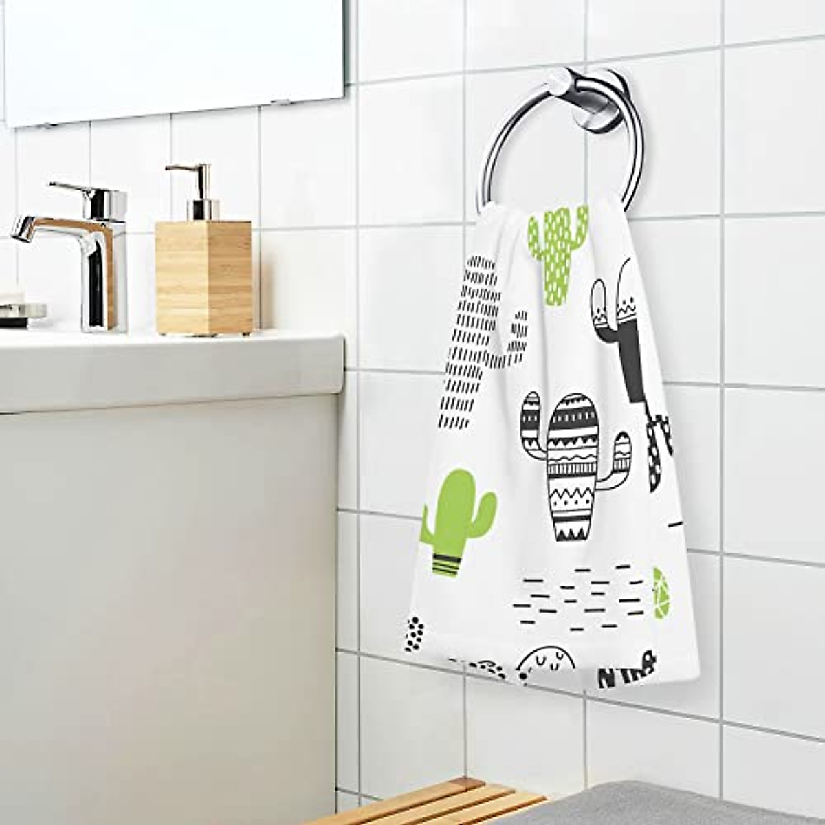 ALAZA Cute Cactus Cacti Hand Drawn Hand Towels for Bathroom 1OO% Cotton 2 pcs Face Towel 16 x 28 inch, Absorbent Soft & Skin-Friendly