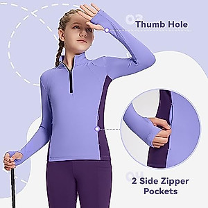 BALEAF Fleece Long Sleeve Shirts, Girls Fall Jacket Half Zip Sweatshirts Horse Riding Camping Thermal Coat Kids Purple M