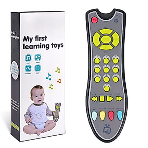 POYAMOC TV Remote Control Toy/Musical Play with Light and Sound/for 6 Months+ Toddlers Boys or Girls Preschool Education/Three Language Modes: English, French and Spanish/Black Body,(Colored Buttons)