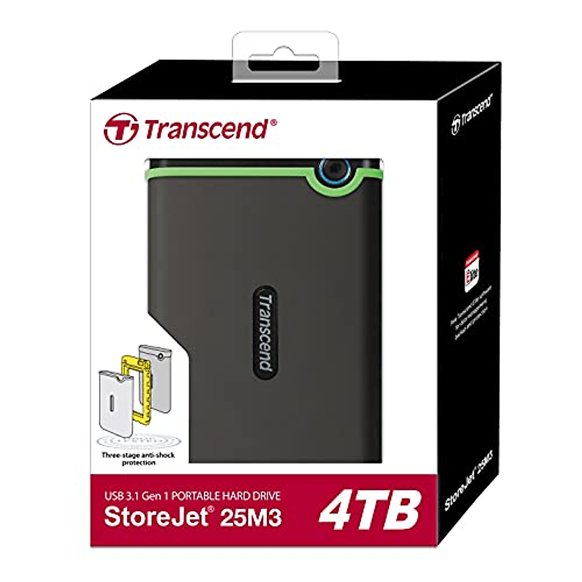 Transcend 4TB SJ25M3, USB 3.1 Portable Hard Drive Rugged, Anti-Shock Resistant, Compact and Lightweight with Lightning-Fast Speeds, One Touch Backup Button, Iron Grey - TS4TSJ25M3S
