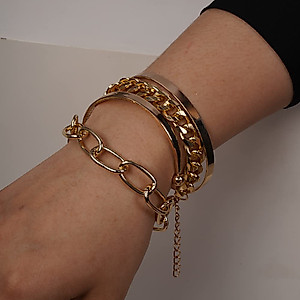 Missgrace 4Pcs Boho Simple Gold Silver Chain Bracelet Sets Dainty Link Bracelets Chunky Adjustable Layered Link Bracelet for Women Girls (Gold)