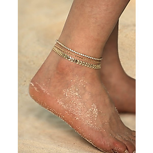 Tennis Gold Ankle Bracelets for Women 14k Gold Plated Anklet Gold Crystal Cubic Zirconia Rhinestone Anklet Leaf Handmade Chain Dainty Layered Anklet Set 3Pcs