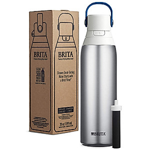 Brita Stainless Steel Premium Filtering Water Bottle, BPA-Free, Reusable, Insulated, Replaces 300 Plastic Water Bottles, Filter Lasts 2 Months or 40 Gallons, Includes 1 Filter, Stainless - 20 oz.