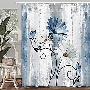 VeiVian Rustic Farmhouse Shower Curtain, Farm Blue Daisy Floral Flowers and Butterfly on Country Wooden Shower Curtain for Bathroom with 12PCS Hooks, 70X70IN, Turquoise Blue