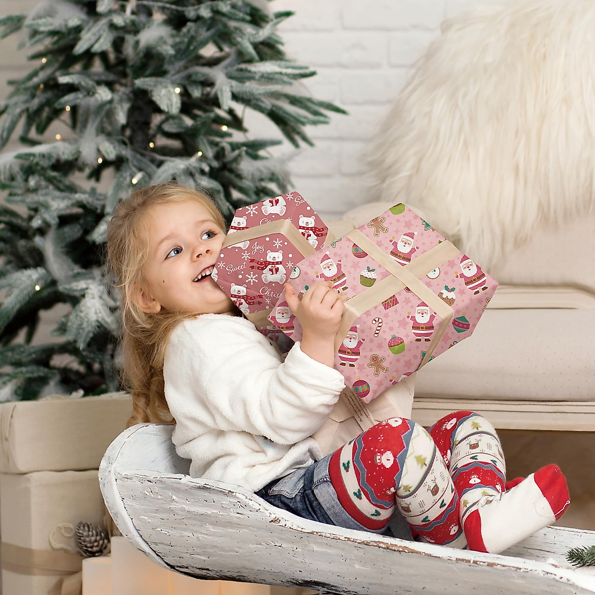 SaringSwoon Pink Christmas Wrapping Paper for Boys Girls Kids - Xmas Gift Wrap With Santa, Gnome, Rustic Red Trucks, Polar Bear on Pink Designs - 40×28 Inches, 6 Folded Sheets