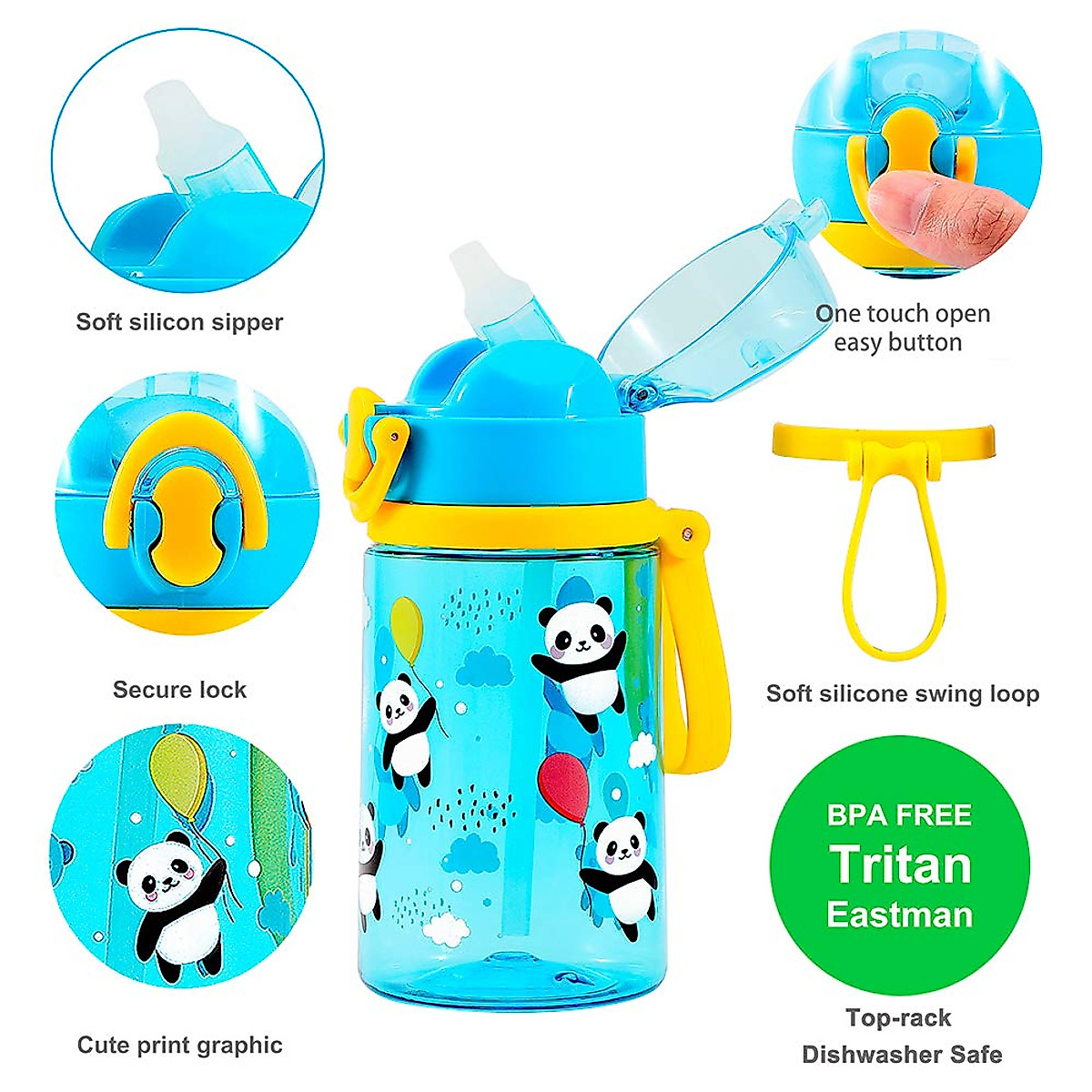 Home Tune 2 Pack Cute Water Bottles with Straw for Kids Girls Boys, BPA FREE Tritan & Leak Proof & Secure Lock & Soft Carry Loop, 14oz / 400ml (Airplane & Panda)