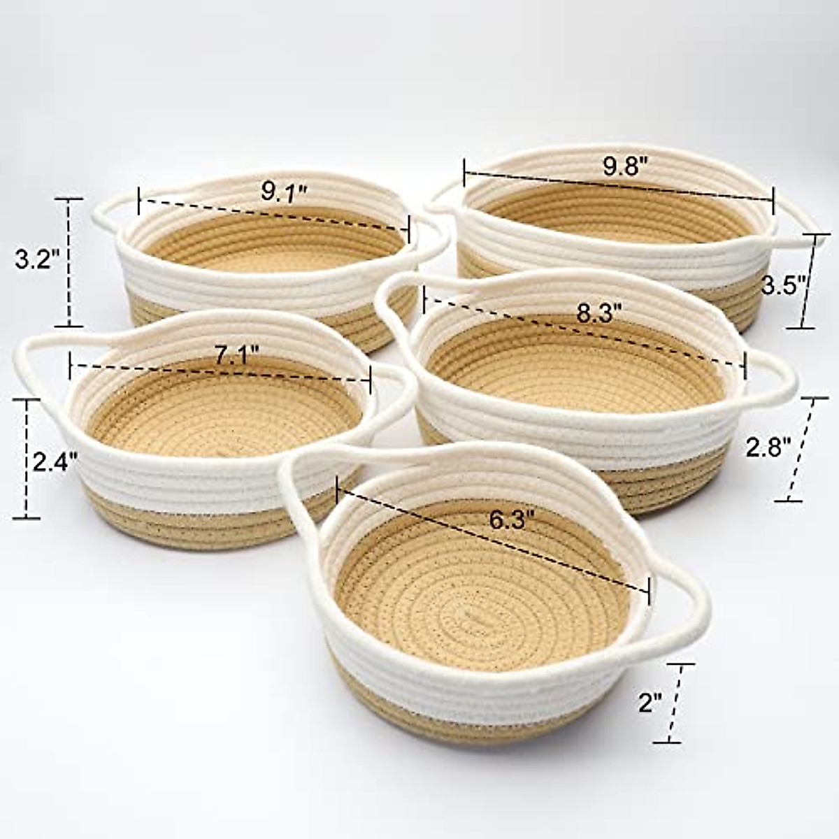 Lovelyduo Woven Storage Baskets 5-Piece, Natural Cotton Rope Basket for Baby Nursery Basket, Cat Dog Toys Basket, Bathroom Organizing Baskets, Empty Decorative Gift Basket Round White Brown