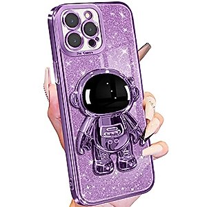 Buleens for iPhone 14 Pro Max Case Astronaut, Clear Cases for iPhone 14 Pro Max with Glitter Paper & Spaceman Stand, Women Girls Cute Electroplated Sparkly Space Phone Cover for 14 ProMax Purple