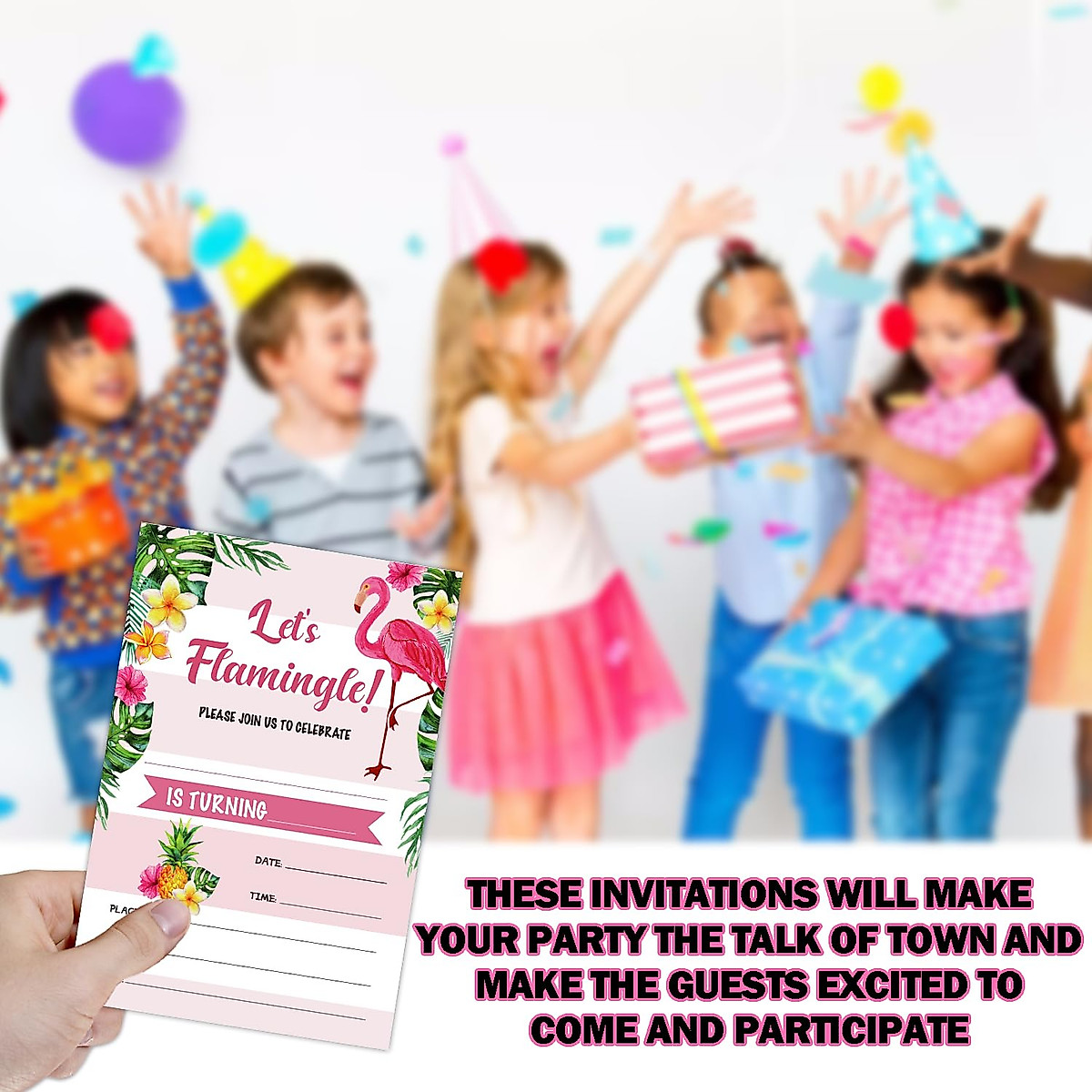 Let's Flamingle Birthday Party Invitation Cards, Summer Flamingo & Palm Leaves Pineapple Invitation for Kids Girls Boys Luau Birthday Party Celebration Supplies, 20 Invitations with Envelopes - JY646