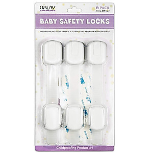 Baby Proofing Safety Cabinet Locks - Child Proof Latches for Dresser Drawer Cupboard Doors Closet Oven Refrigerator Fridge - Adjustable Childproof Straps by Oxlay - White - 6 Pcs